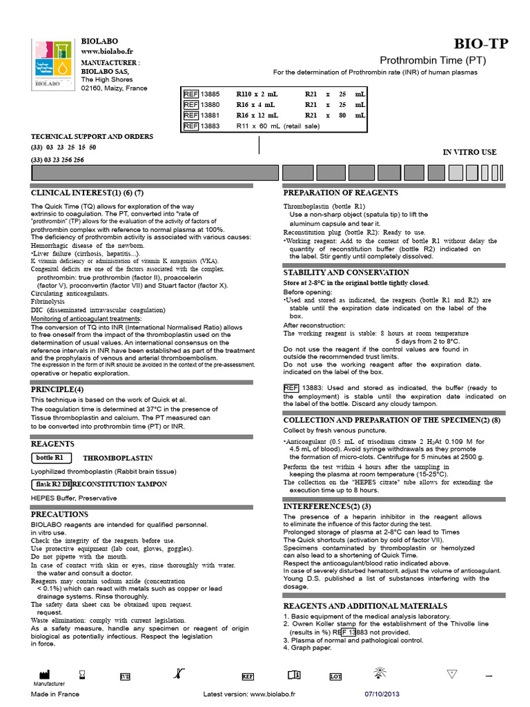 Prothrombin Time Test Reagents Guide | PDF | Tissue (Biology) | Hematology