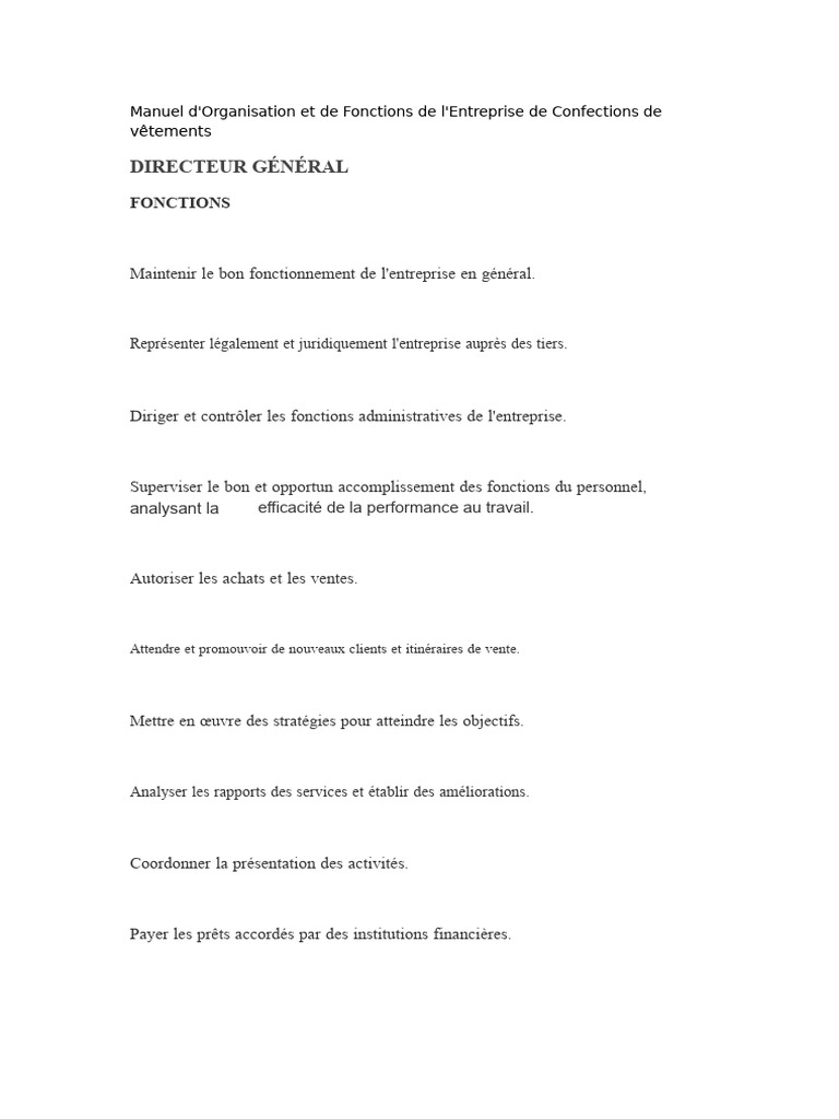 Manuel D'organisation Et de Fonctions de L'entreprise de Confection de Vêtements | PDF ...