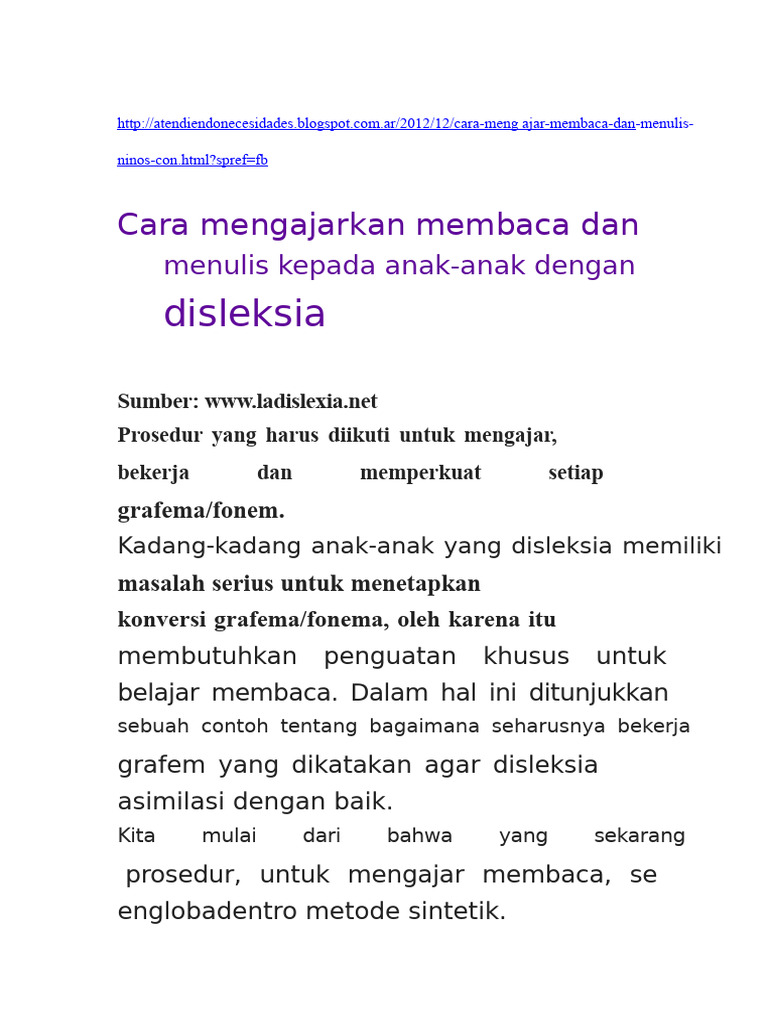 Mengajar Membaca untuk Anak Disleksia | PDF