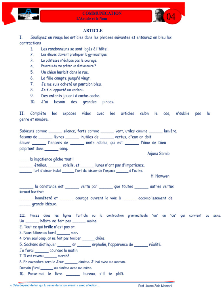 Exercices sur les articles et noms | PDF