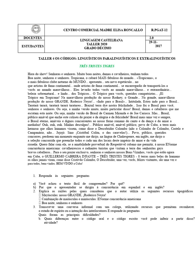 OFICINA 4 CÓDIGOS LIN- PARA E EXTRALINGUÍSTICOS 10º | PDF