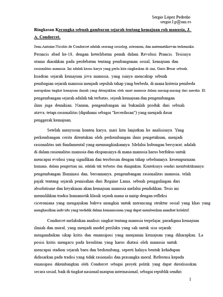 Ringkasan Sketsa Sebuah Gambaran Sejarah Kemajuan Jiwa Manusia | PDF
