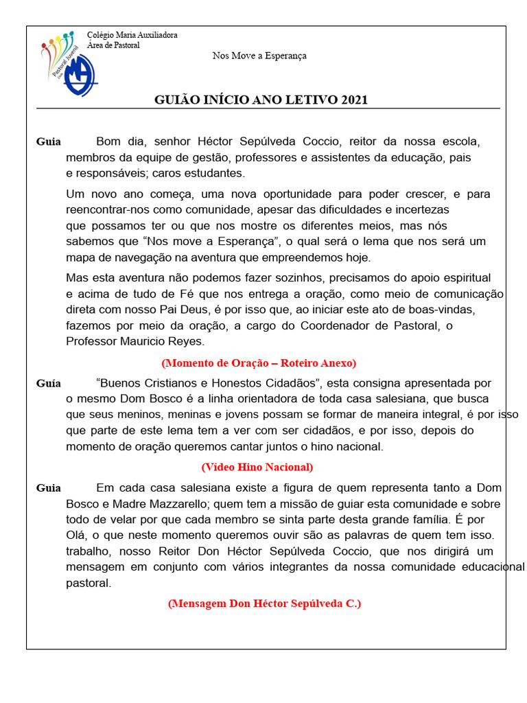 Início do Ano Letivo no Colégio Maria Auxiliadora | PDF | Oração | Tempo