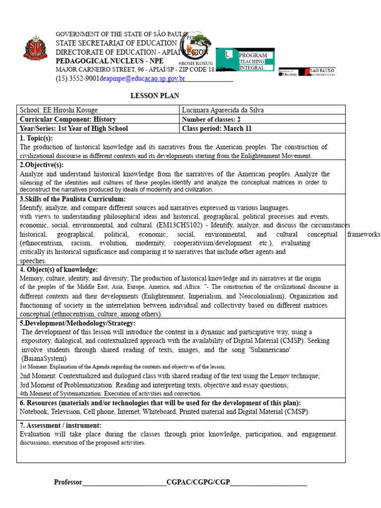 High School History Lesson Plan | PDF | Methodology | Narrative