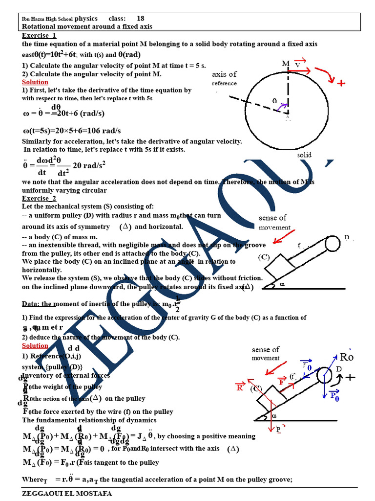 Solution Exercises of Rotation Movement of A Solid Around A Fixed Axis ...