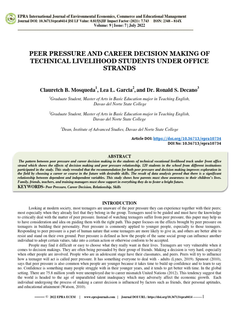 Peer Pressure's Impact on Career Choices | PDF | Adolescence | Survey ...