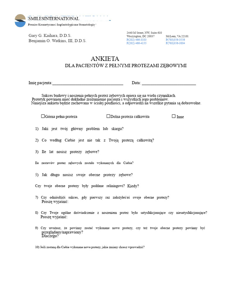Kwestionariusz Dla Pacjentów Z Całkowymi Protezami Zębowymi PDF | PDF
