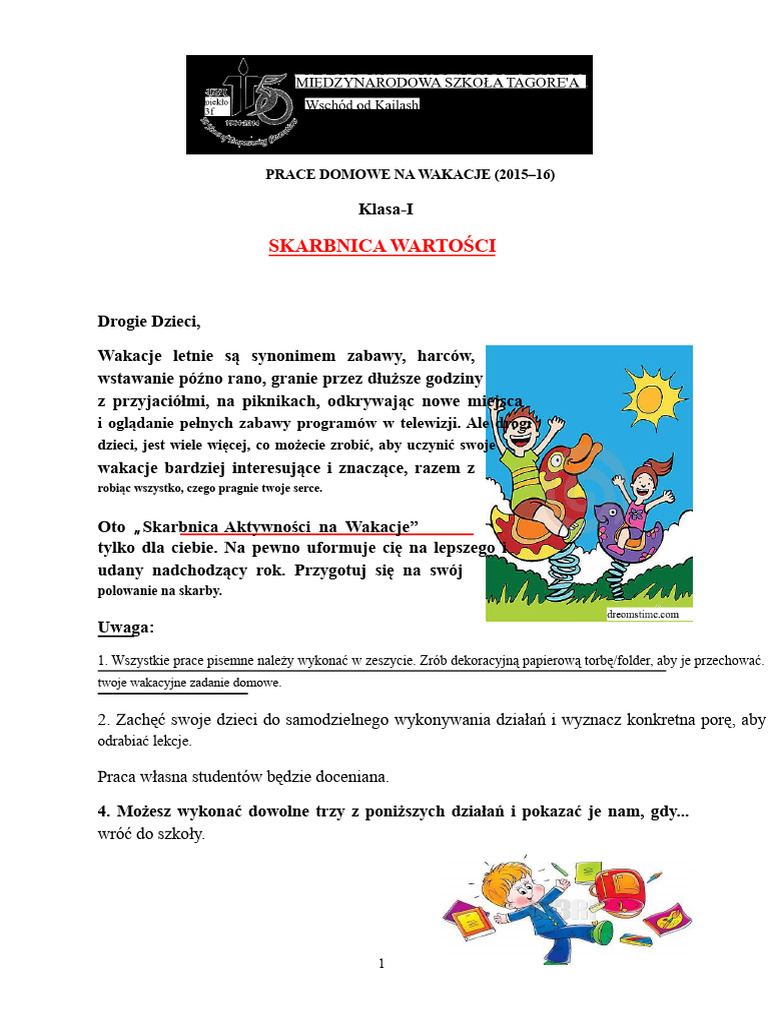 Klasa 1 Wakacje Prace Domowe | PDF