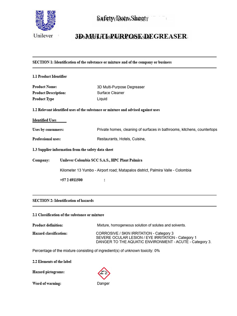 3D Multi-Purpose Degreaser Safety Data Sheet | PDF | Waste | Dangerous ...