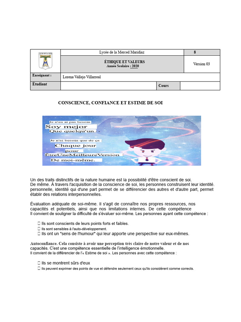 Guide de Conscience, de Confiance Et D'estime de Soi Niveau 8 | PDF ...