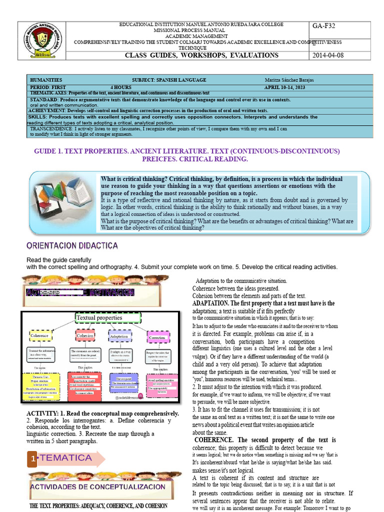 GUIDE 1. TEXT PROPERTIES. 11°.pdf | PDF | Poetry | Thought