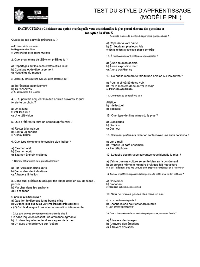 Test Style D'apprentissage Modèle PNL | PDF | Programmation neuro ...