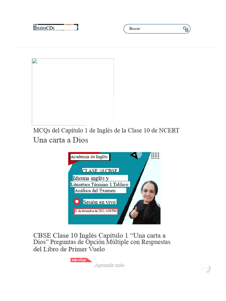 MCQs de "Una carta a Dios" - Clase 10 | PDF