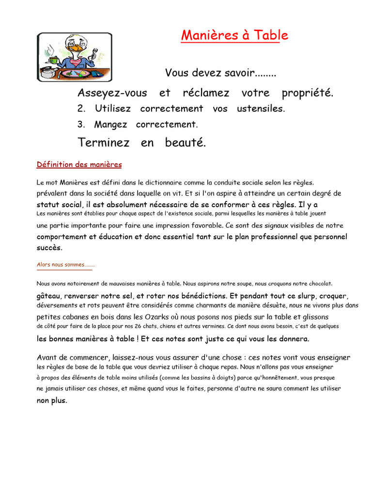 Les Manières À Table | PDF | Repas | Nourritures