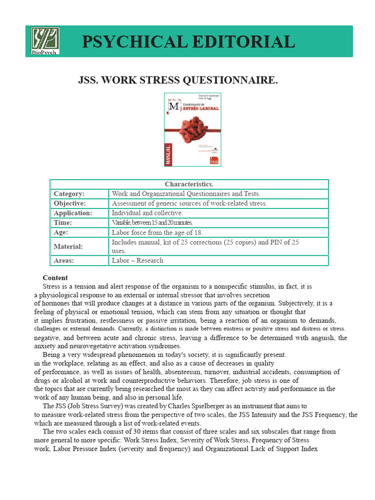 ATLO 13 JSS Work Stress Questionnaire | PDF | Stress (Biology) | Mental ...