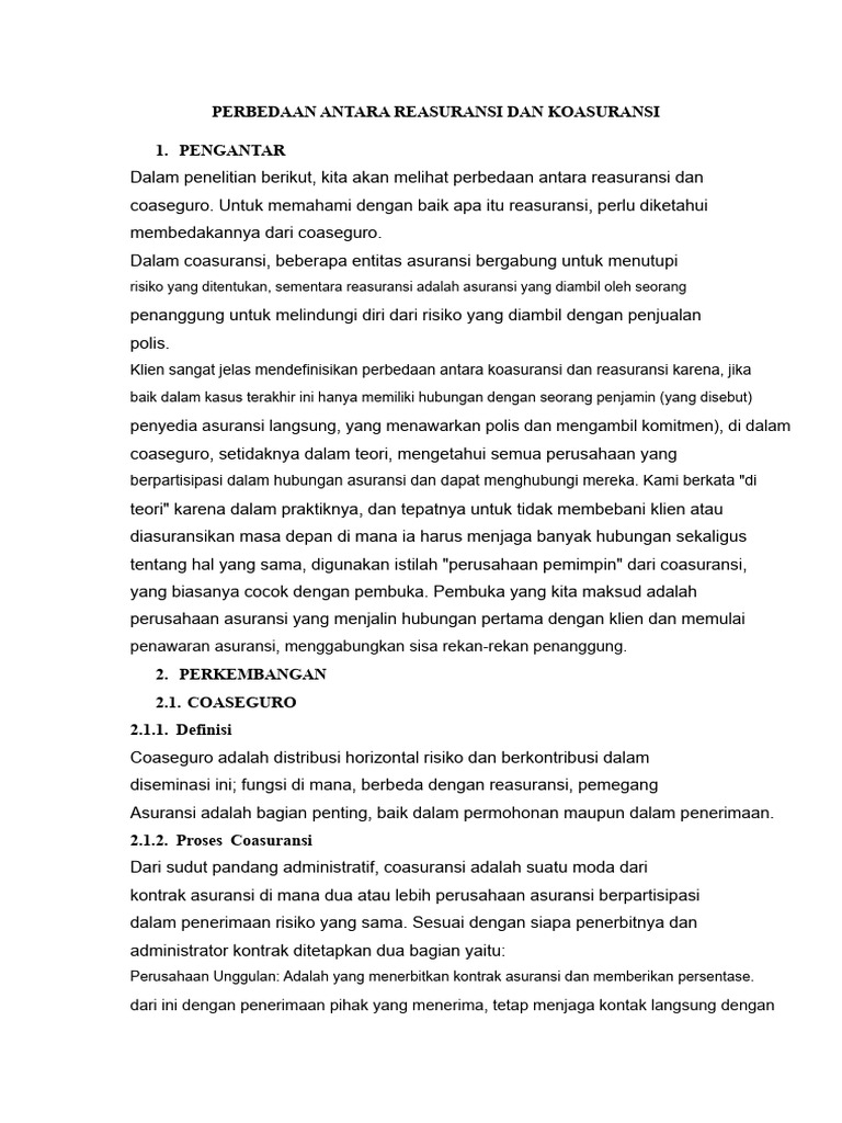 Perbedaan Antara Reasuransi Dan Koasuransi | PDF