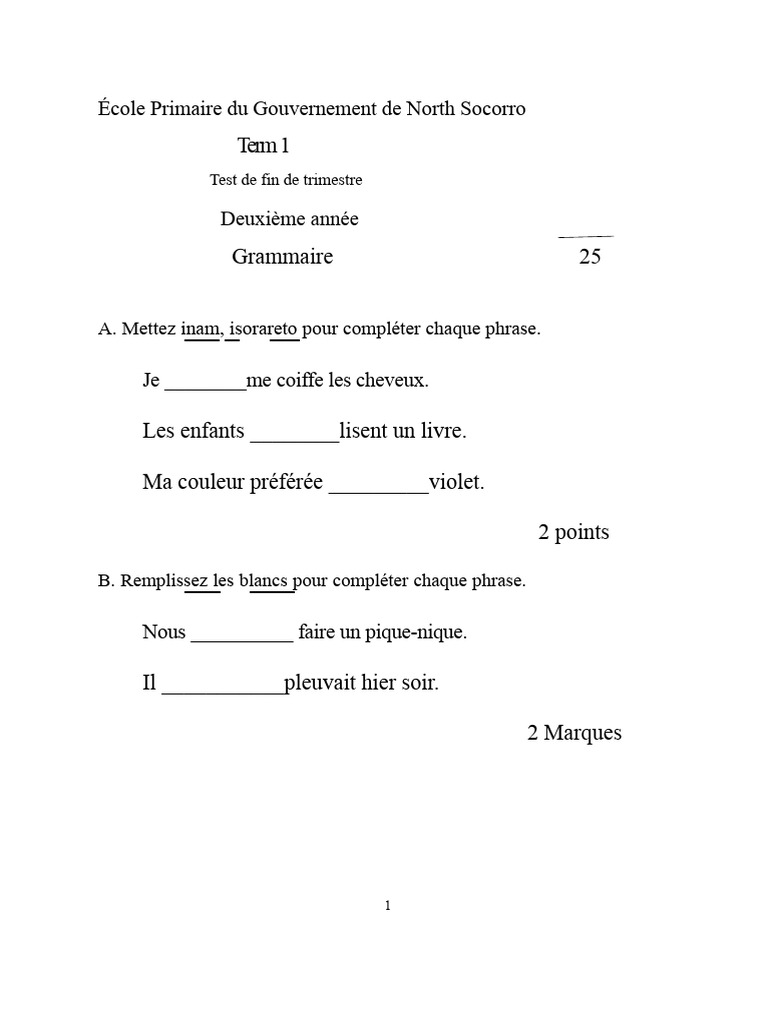 Test de Grammaire - Deuxième Année | PDF | Phrase | Sémantique