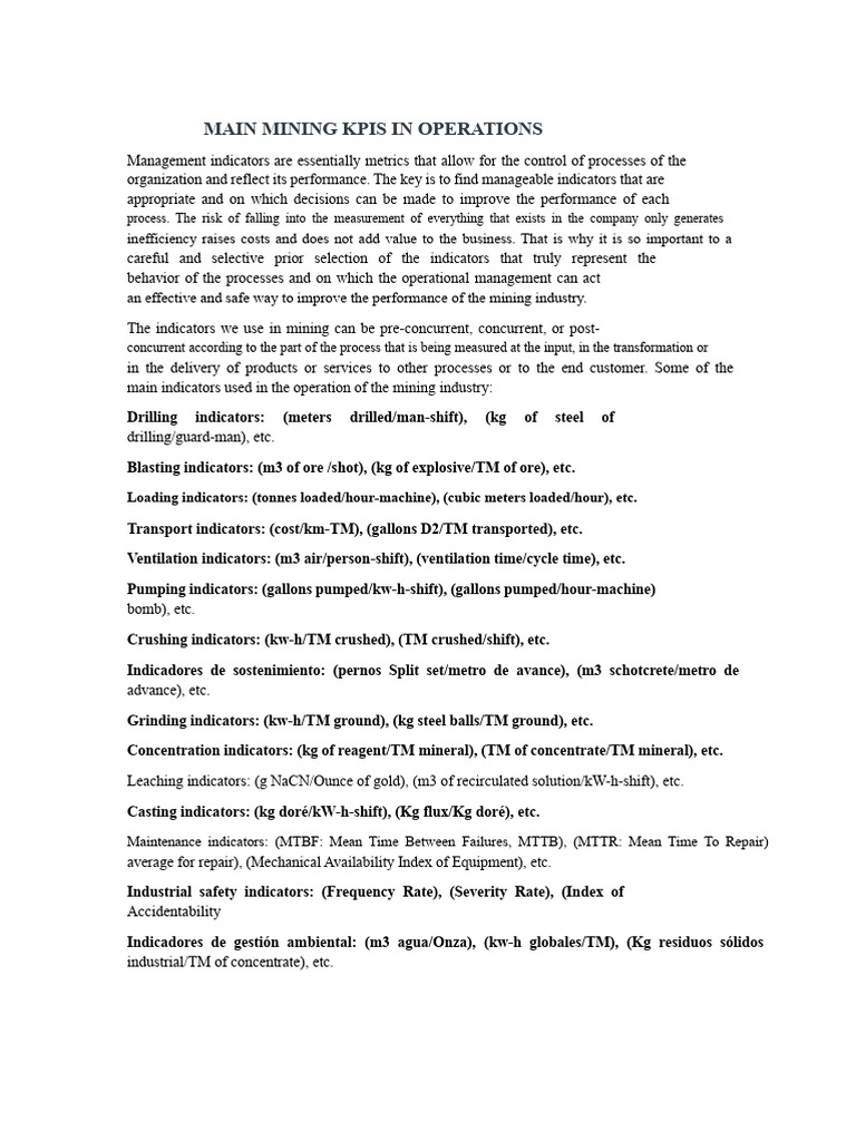 Main Mining KPIs in Operations | PDF | Performance Indicator | Mining