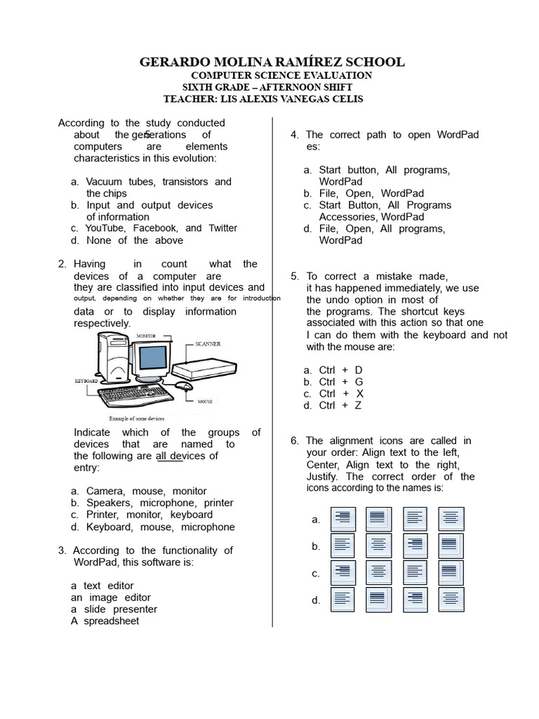 Sixth Grade Computer Science Exam | PDF | Computer File | Computer Keyboard