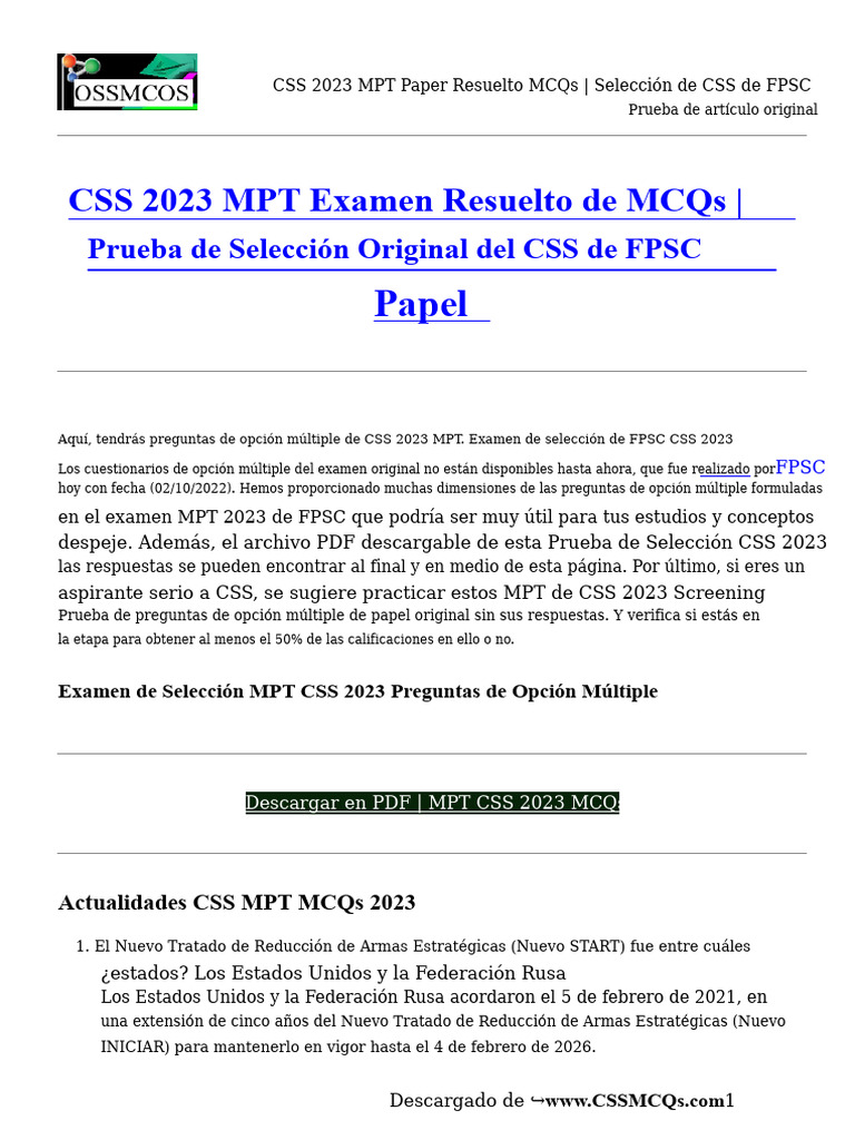 CSS 2023 MPT Examen Solucionado MCQs - Prueba de Selección Original Del FPSC CSS | PDF