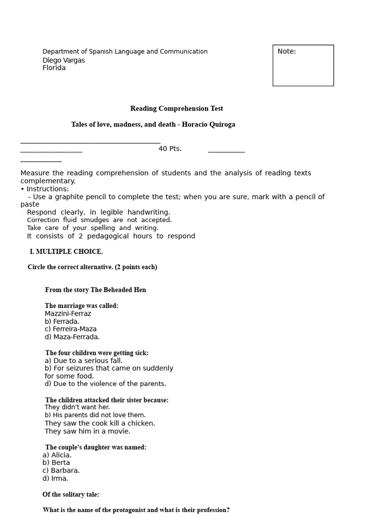 Reading Comprehension Test: Stories of Love, Madness, and Death | PDF