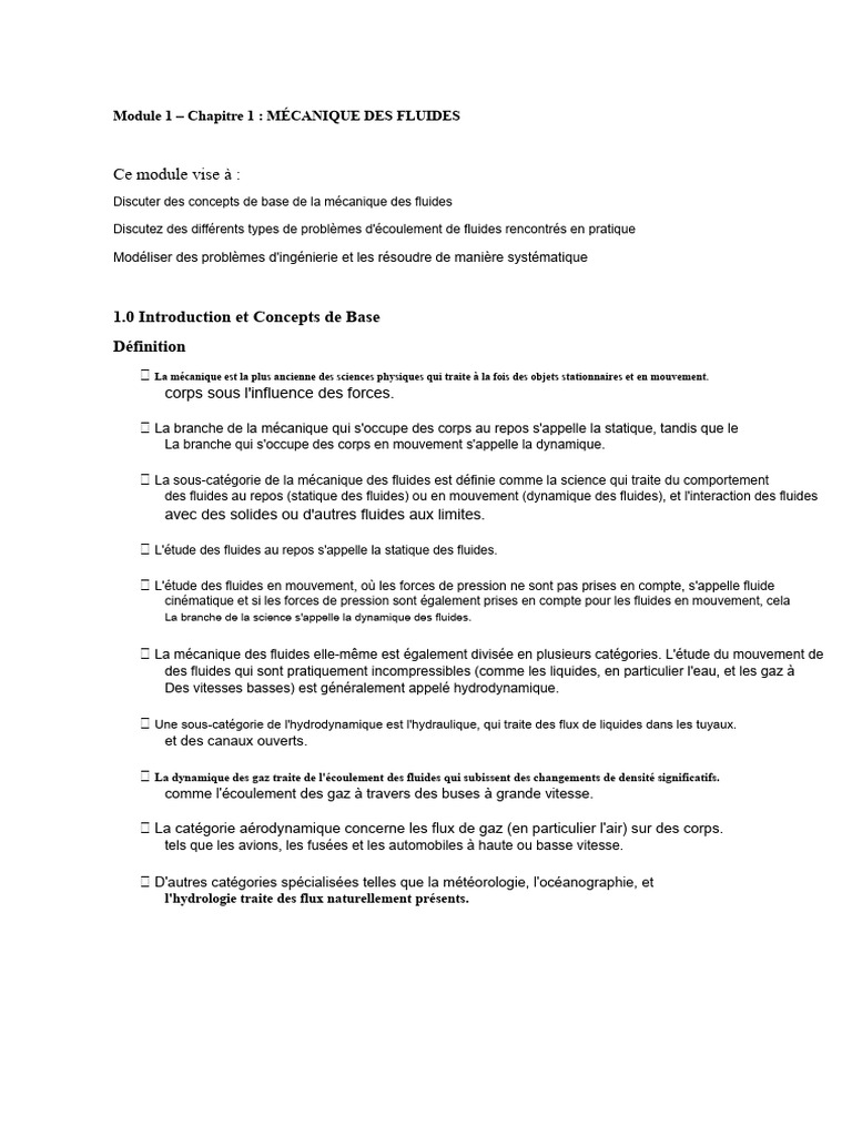 Module 1 - Chapitre 1 Mécanique Des Fluides | PDF | Fluide | Dynamique des fluides