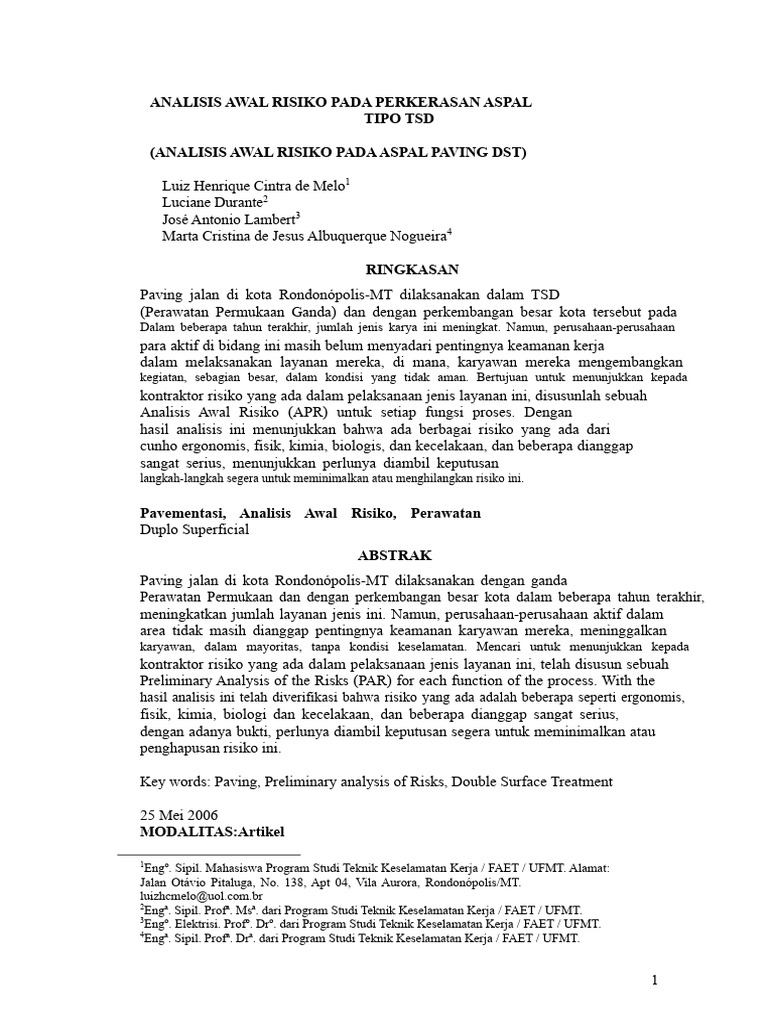Analisis Awal Risiko Pada Perkerasan Aspal Tipe TSD | PDF
