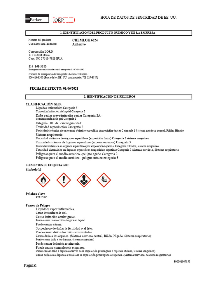 Hoja de Datos de Seguridad de CHEMLOK 6224 | PDF | Agua | Combustión