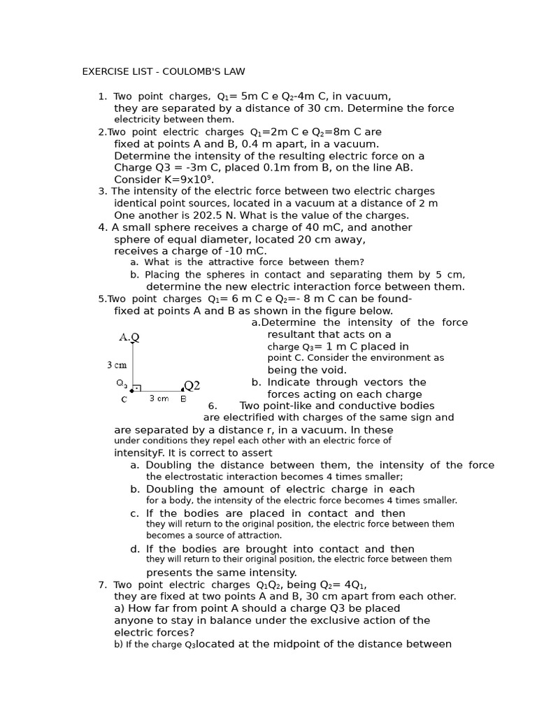 List of Exercises - Coulomb's Law | PDF | Force | Electromagnetism