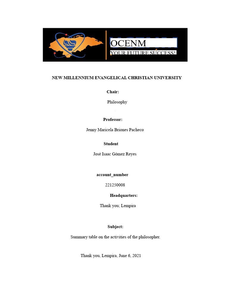 Summary Table On The Activities of The Philosopher | PDF