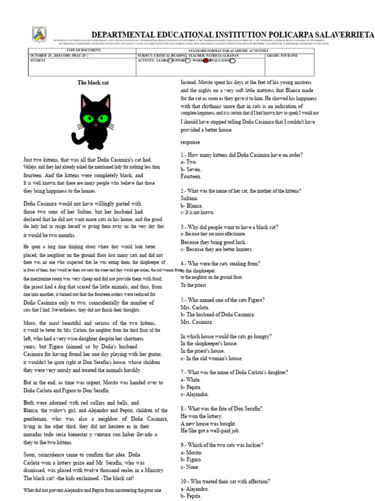 Workshop - Spanish - 4P - Read The Black Cat | PDF