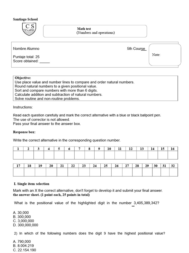 5th Grade Math Test on Numbers | PDF | Multiple Choice