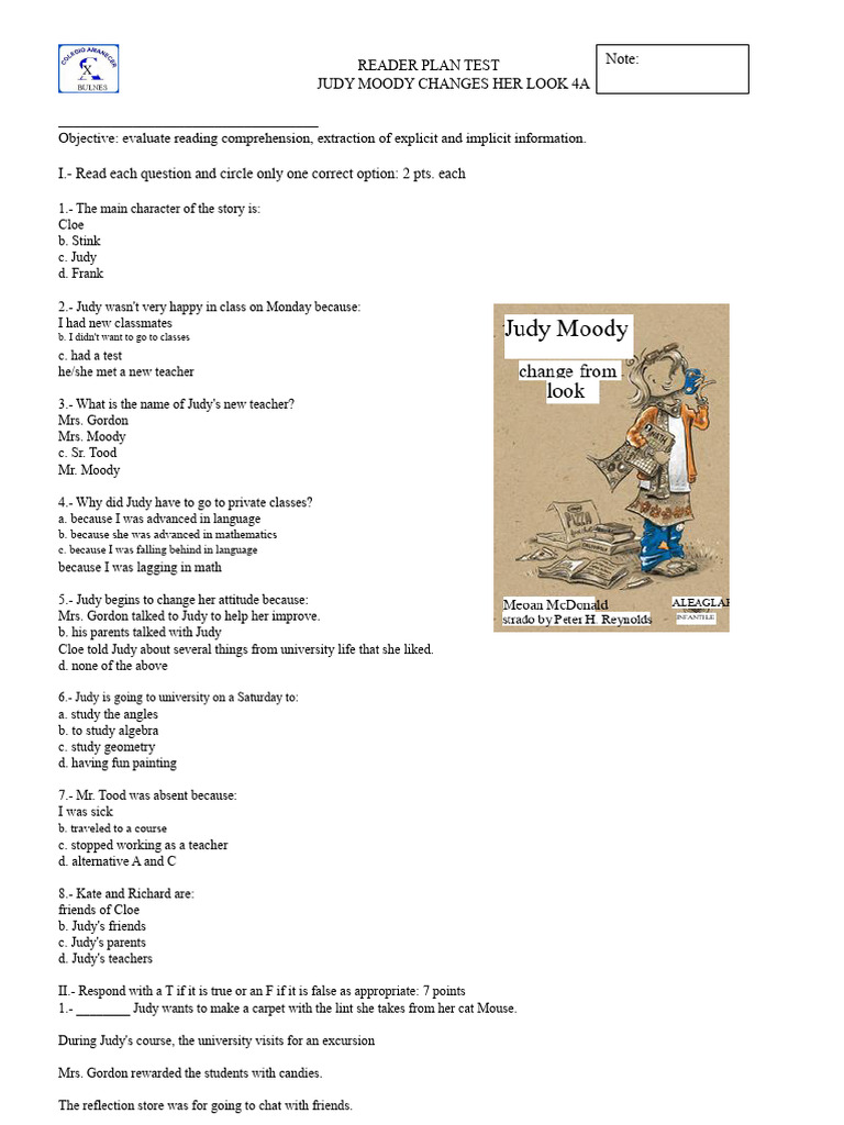 Reader's Plan Judy Moody Changes Her Look 4°A | PDF