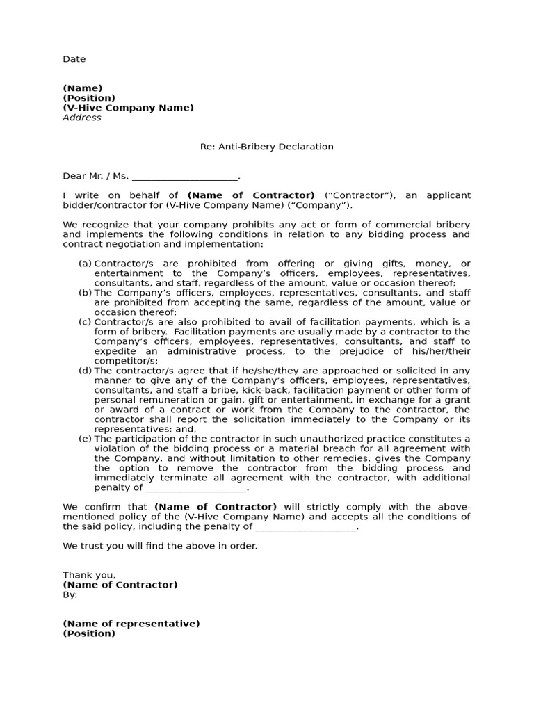 Anti-Bribery Declaration Template D4 Clean | PDF | Bribery | Business