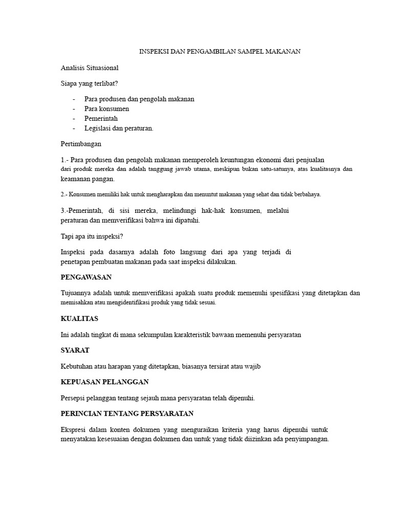 Inspeksi Dan Pengambilan Sampel Makanan | PDF
