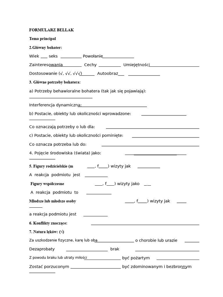 Formularz Bellak TAT | PDF