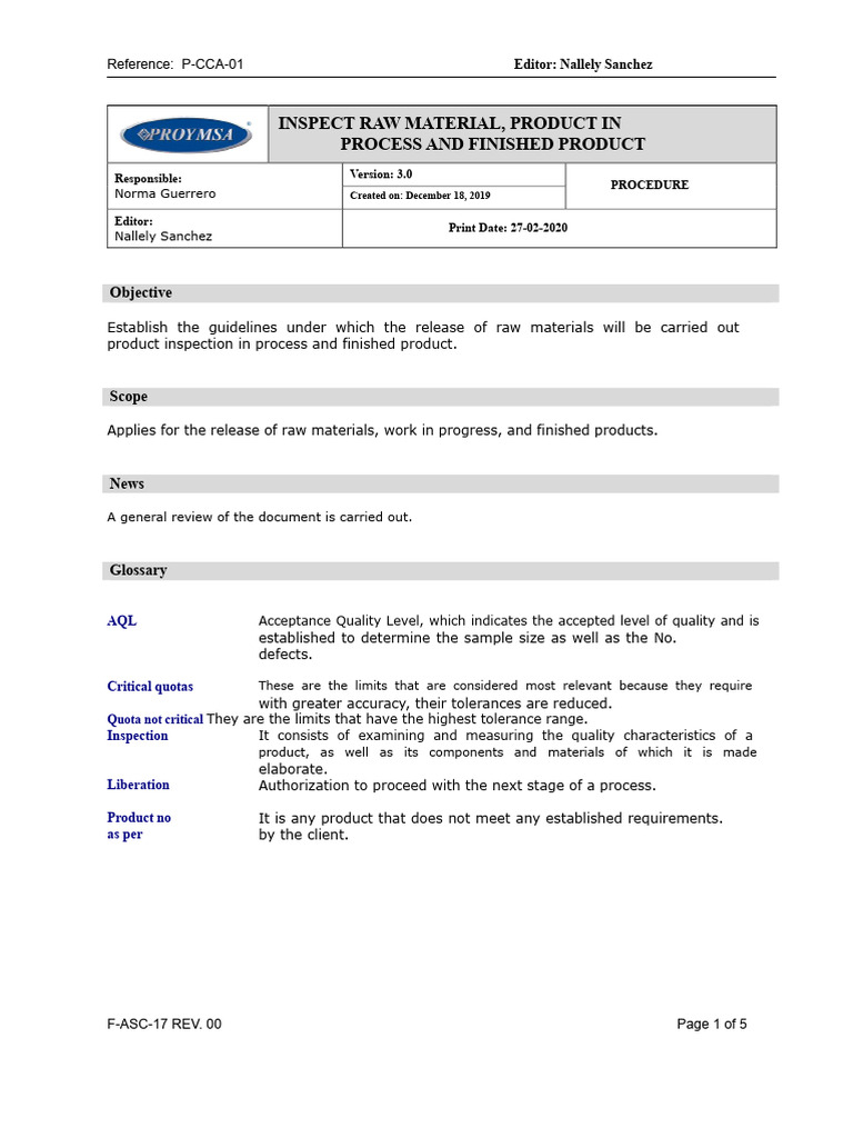 P-CCA-01 INSPECT RAW MATERIAL, WORK IN PROCESS AND FINISHED PRODUCT Rev ...