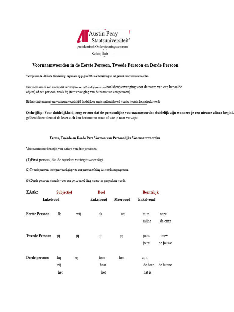 Voornaamwoorden in Eerste Tweede Derde Persoon PDF | PDF