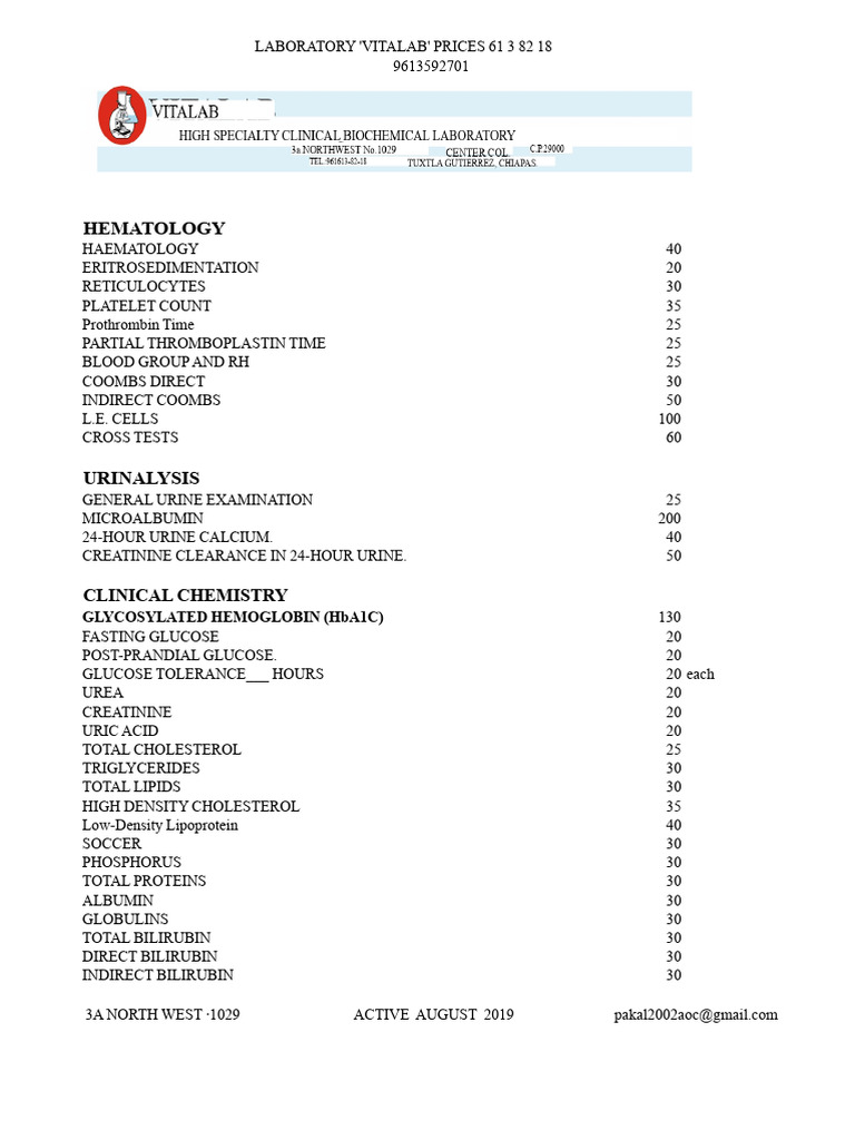 PRICE LIST Maquila VITALAB AUG19 Sheet1 | PDF | Thyroid Stimulating ...