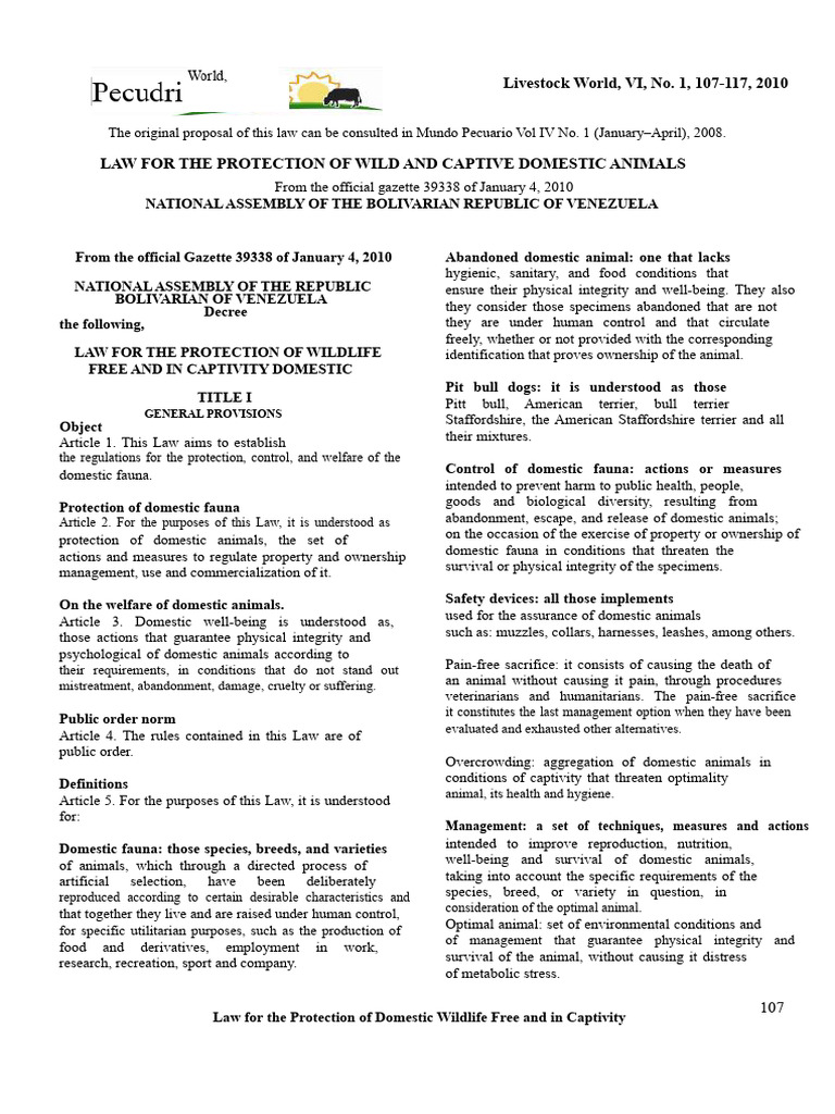 Law For The Protection of Domestic, Wild, and Captive Fauna PDF | PDF ...