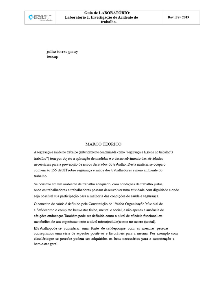 Laboratório 1. Investigação de Acidente 1222222 | PDF | Laboratórios