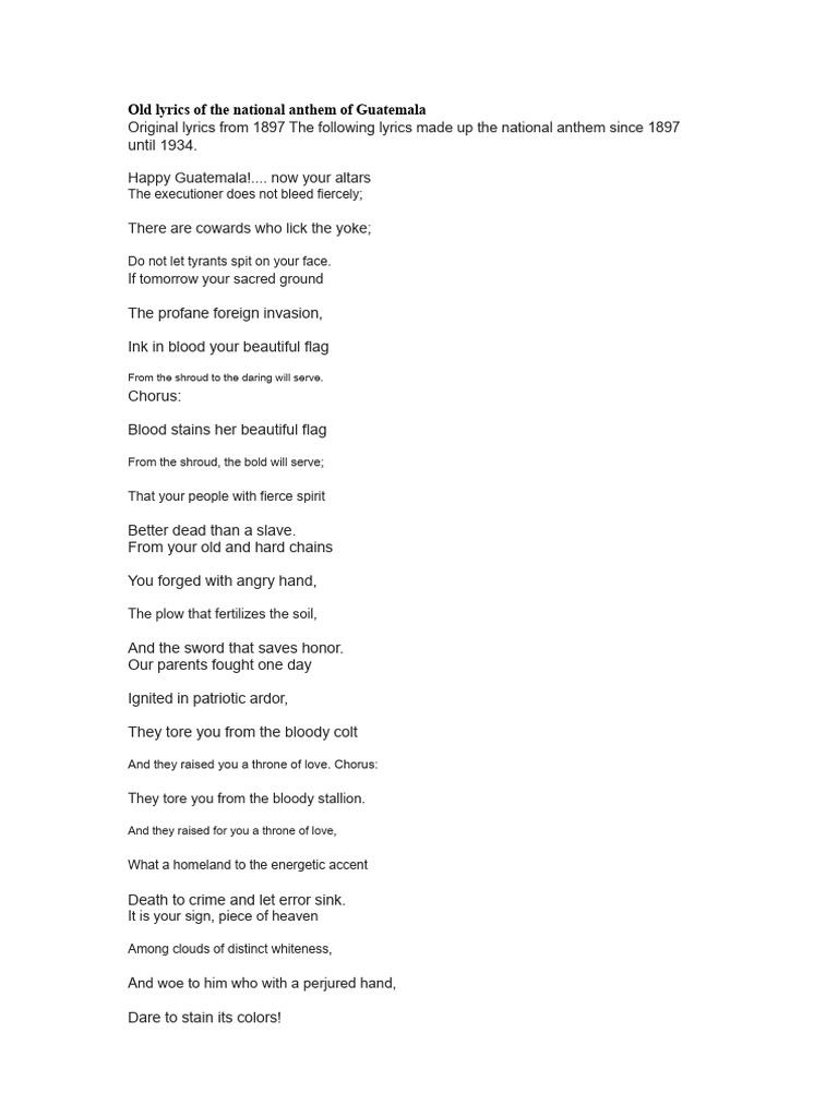 Old Lyrics of The National Anthem of Guatemala | PDF | Guatemala ...