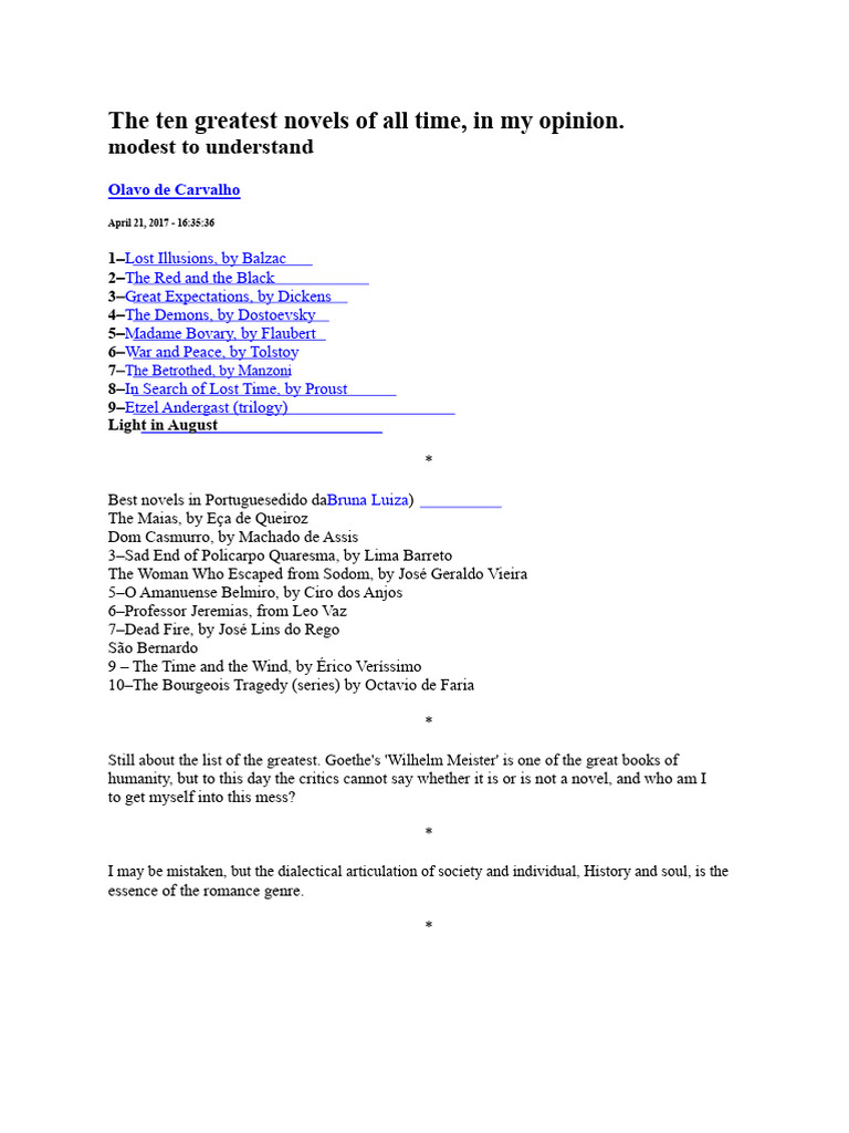 Top 10 Greatest Novels of All Time | PDF | Novels