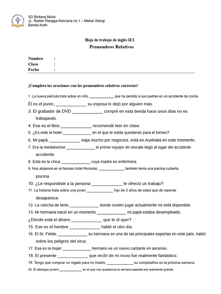 Ejercicio de Pronombres Relativos | PDF