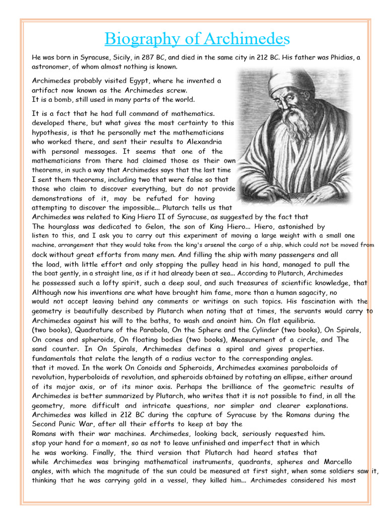 Archimedes: Life and Contributions | PDF | Euclidean Geometry | Geometry