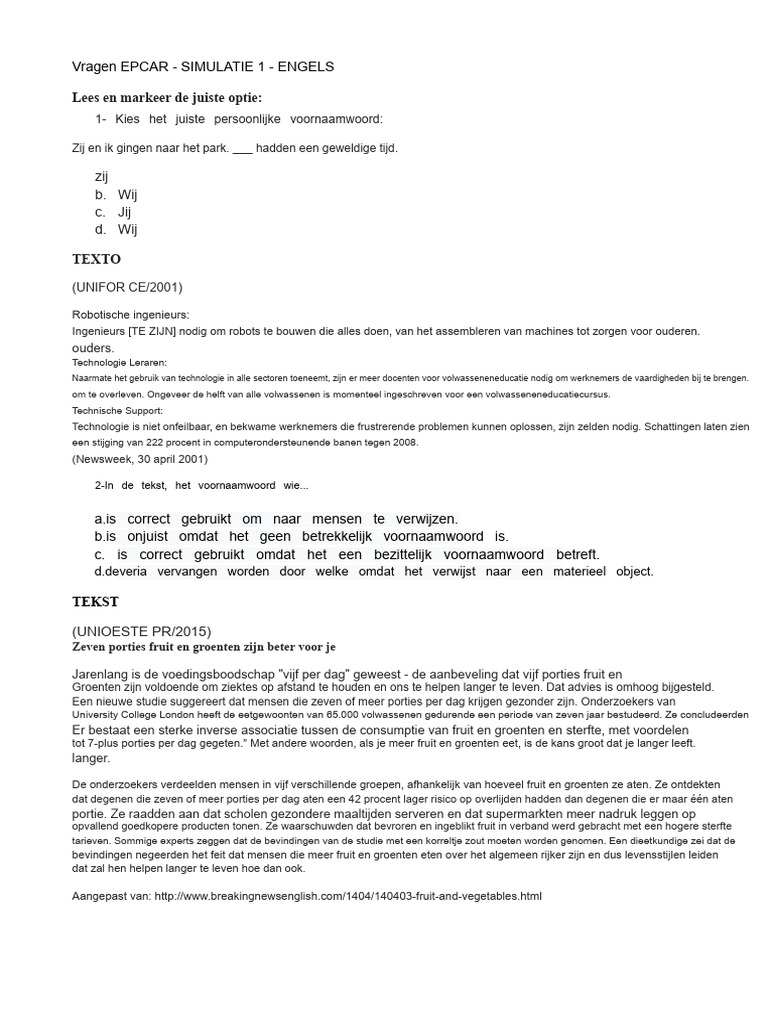 Questies EPCAR - Simulatie 1 | PDF