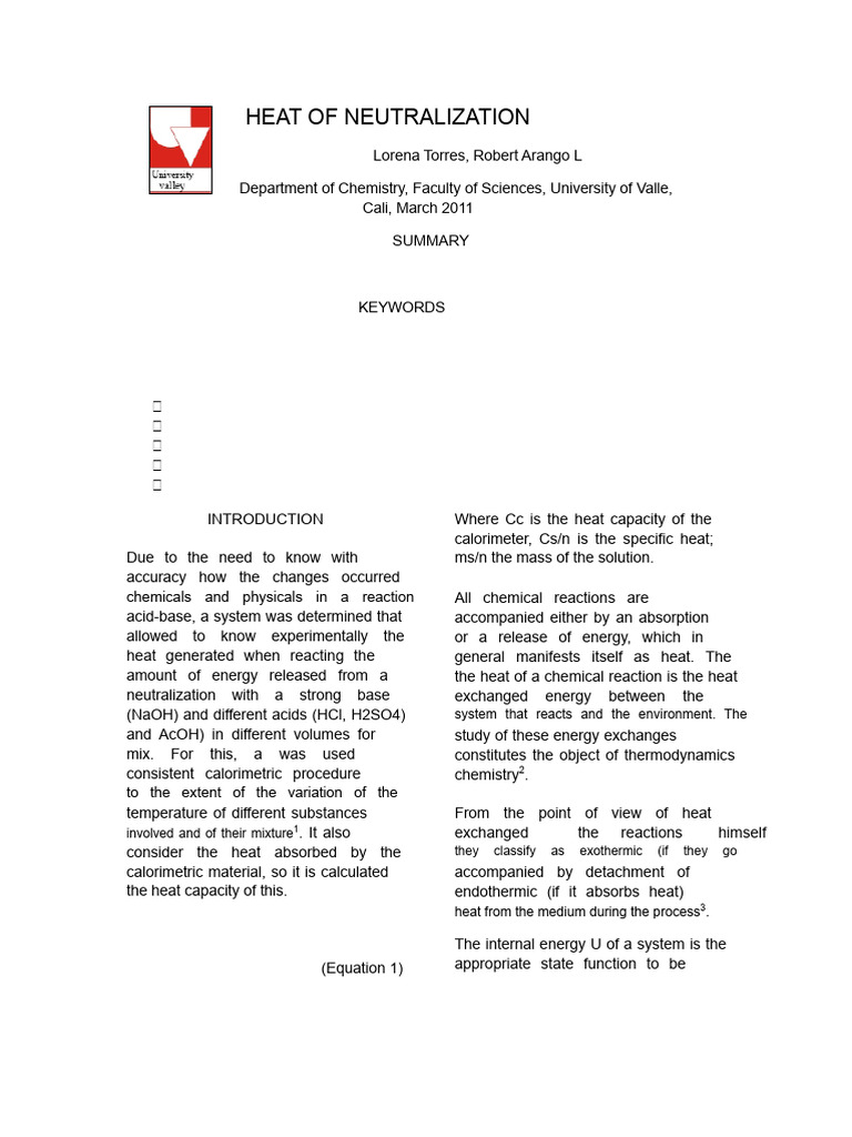 Report On The Heat of Neutralization Reaction of Sodium Hydroxide | PDF ...