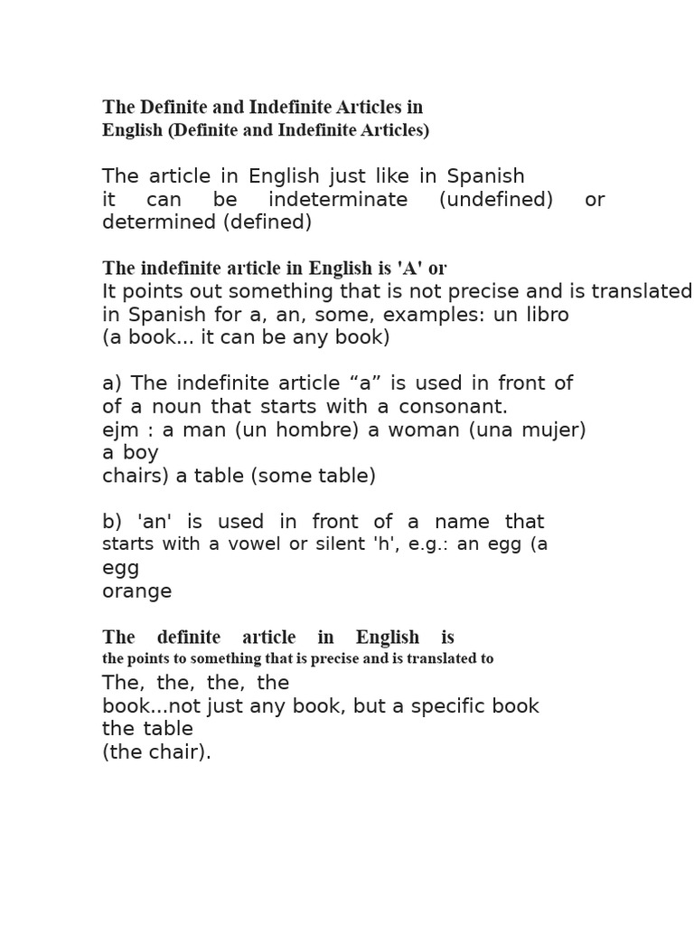 The Definite And Indefinite Articles In English Pdf