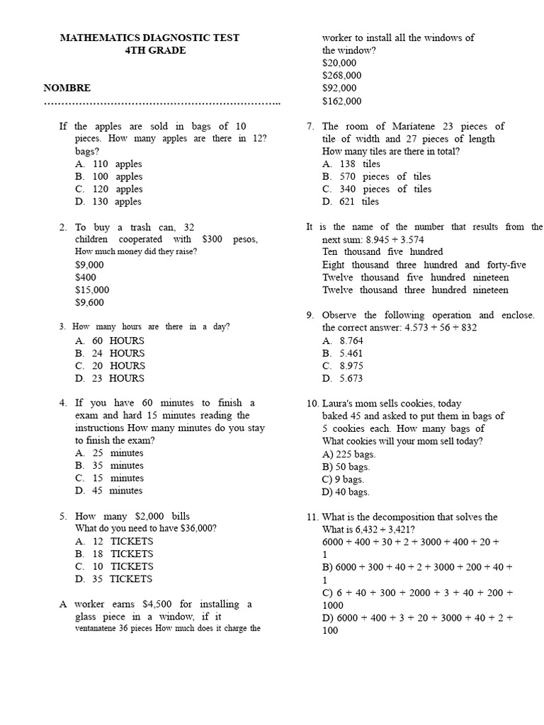 4th Grade Mathematics Diagnostic Test | PDF | Numbers | Mathematics