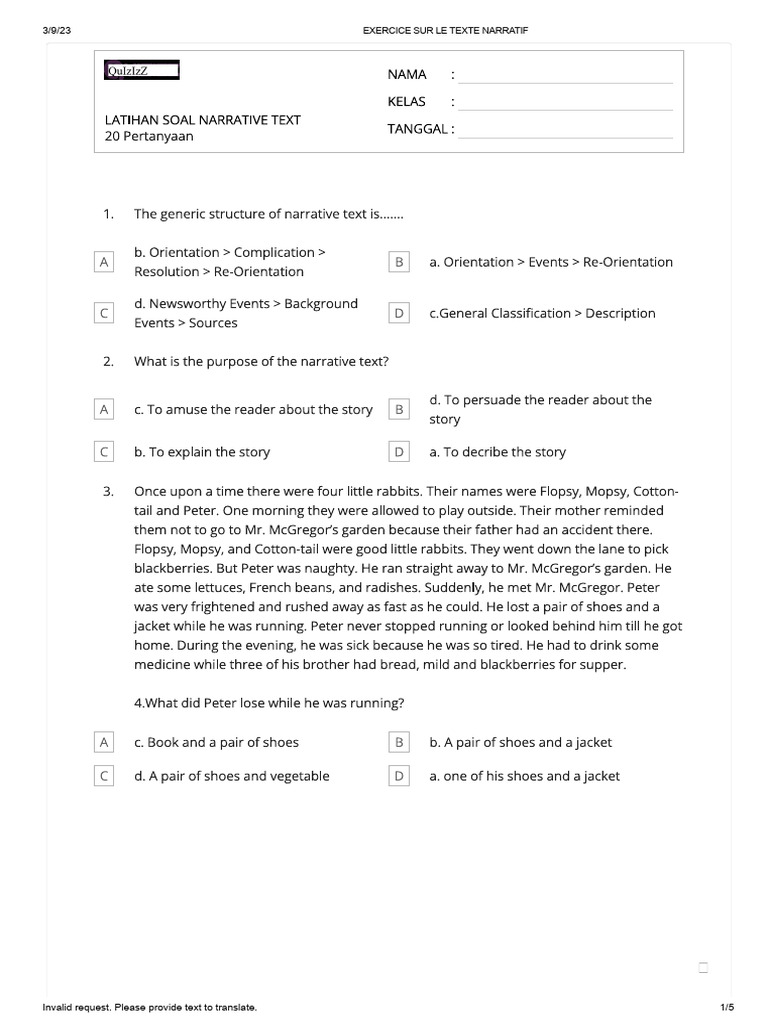 Exercice sur le texte narratif | PDF